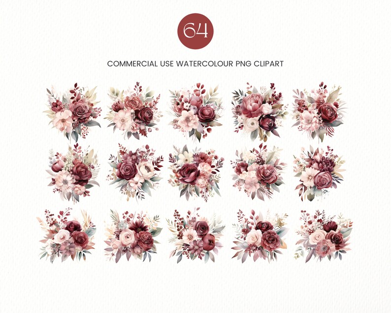 64 Red Neutral Flowers PNG, Watercolor Floral Clipart Bouquets ...