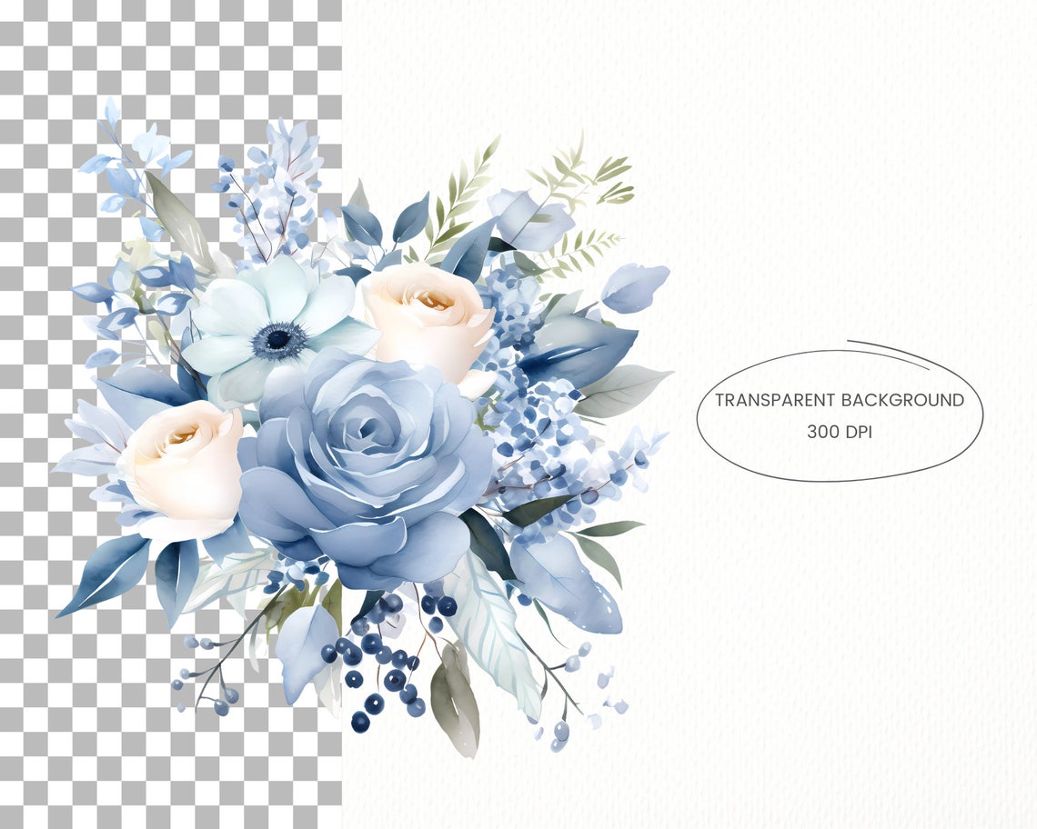 54 Powder Blue Flowers PNG, Watercolor Floral Clipart Bouquets ...
