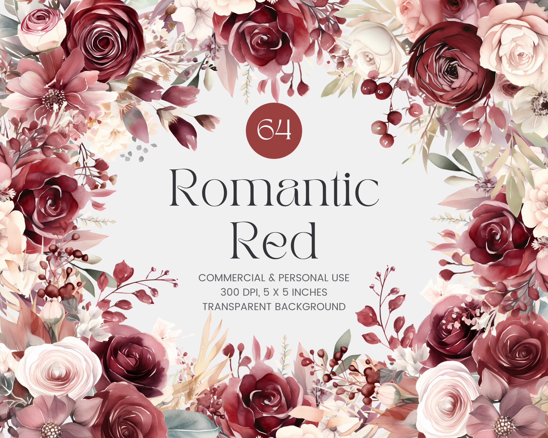 64 Red Neutral Flowers PNG, Watercolor Floral Clipart Bouquets ...