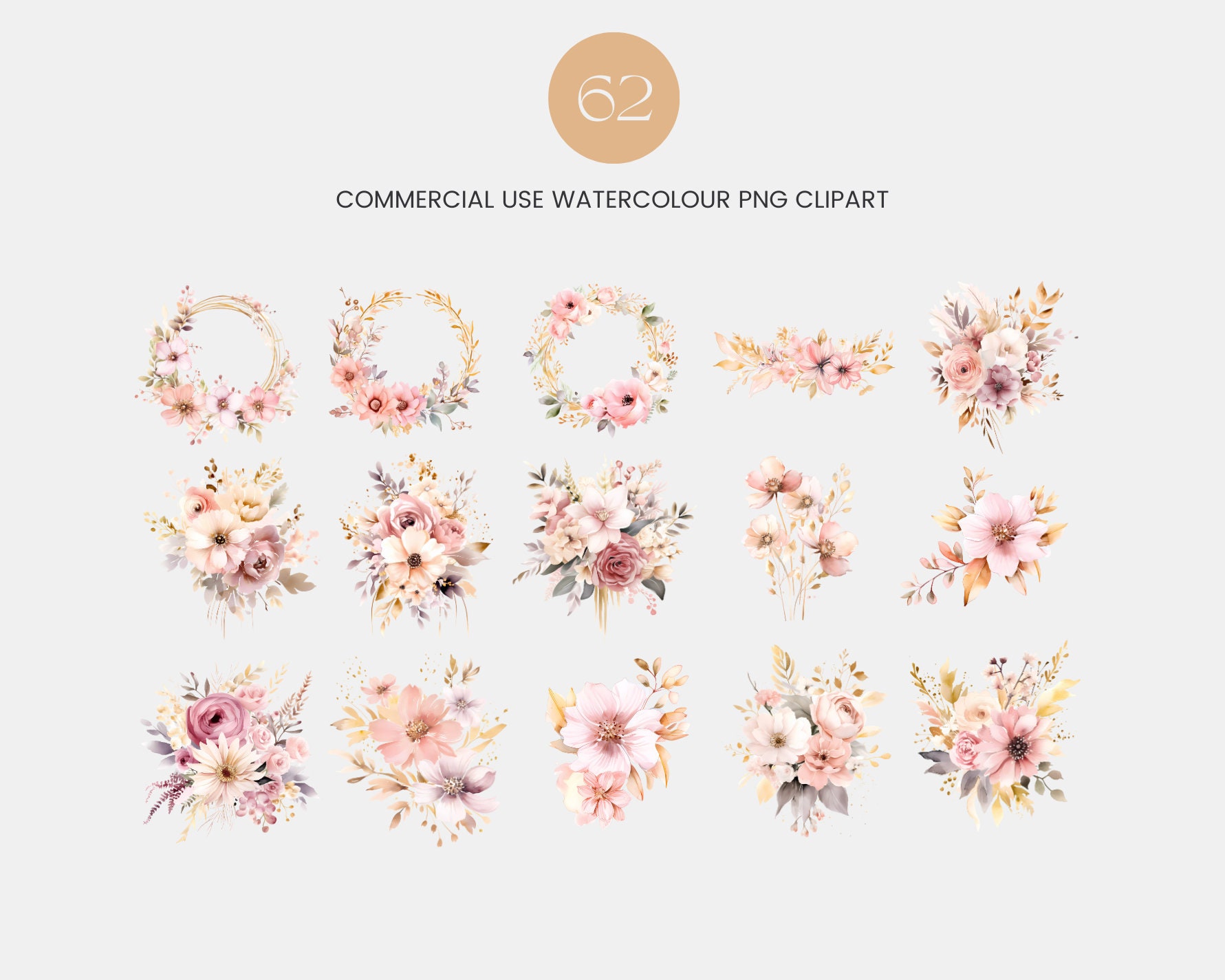 62 Pink & Gold Flowers PNG Watercolor Floral Clipart - Etsy