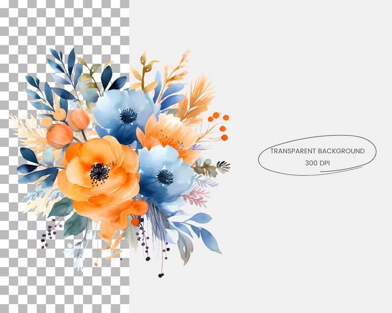 56 Orange and Blue Flowers PNG Watercolor Floral Clipart - Etsy