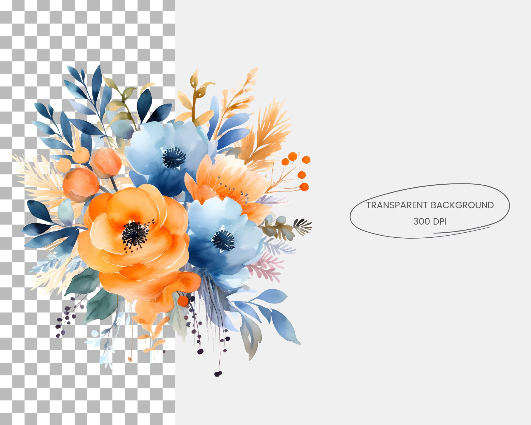 56 Orange and Blue Flowers PNG Watercolor Floral Clipart - Etsy