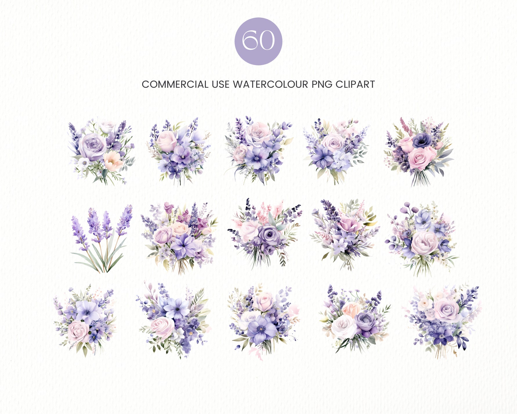 60 Lavender Flowers PNG, Watercolor Floral Clipart Bouquets, Lavender ...