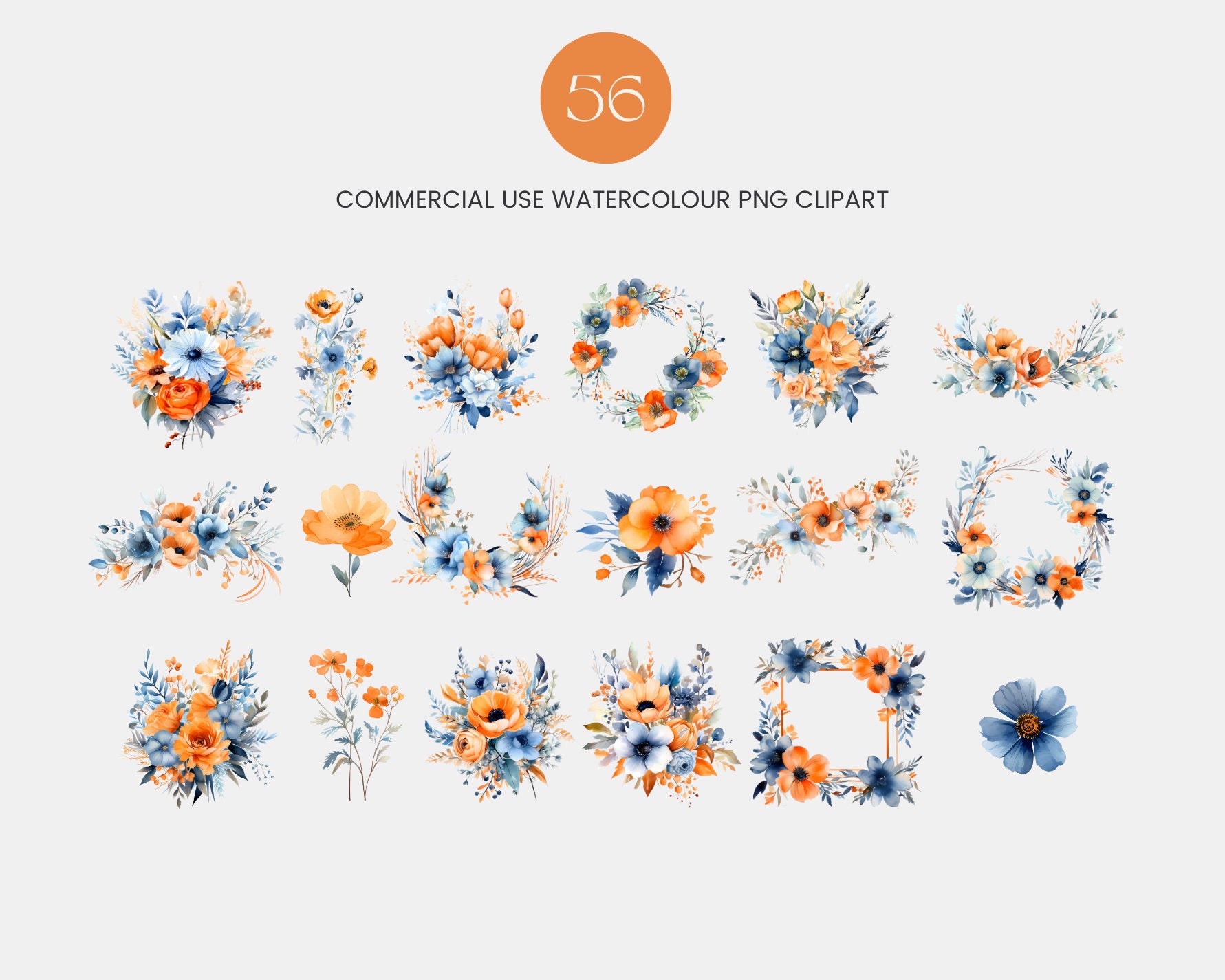 56 Orange and Blue Flowers PNG Watercolor Floral Clipart - Etsy