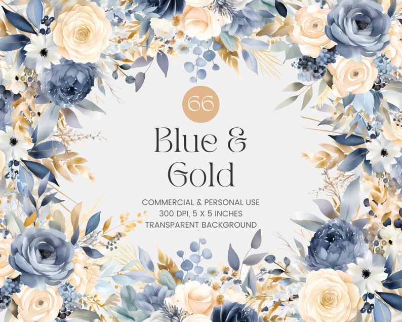 66 Blue & Gold Flowers PNG, Watercolor Floral Clipart Bouquets ...