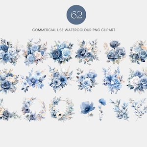 62 Dusty Blue Neutral Flowers PNG, Watercolor Floral Clipart Bouquets ...