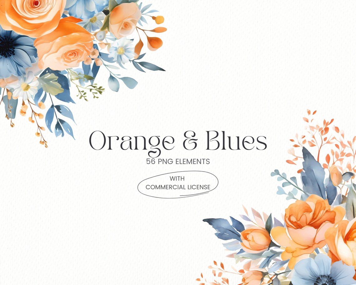 56 Orange and Blue Flowers PNG, Watercolor Floral Clipart Bouquets ...