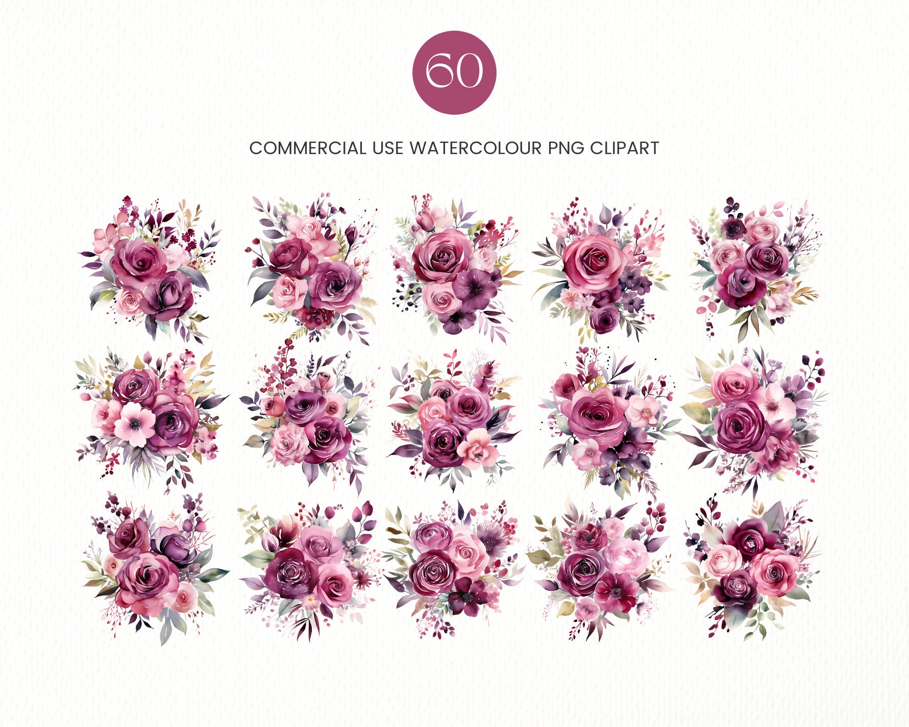60 Magenta Purple Flowers PNG, Watercolor Floral Clipart Bouquets ...