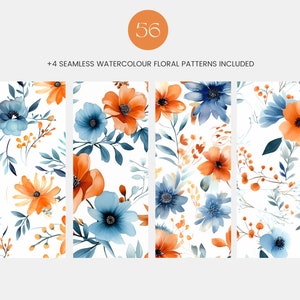 56 Orange and Blue Flowers PNG, Watercolor Floral Clipart Bouquets ...