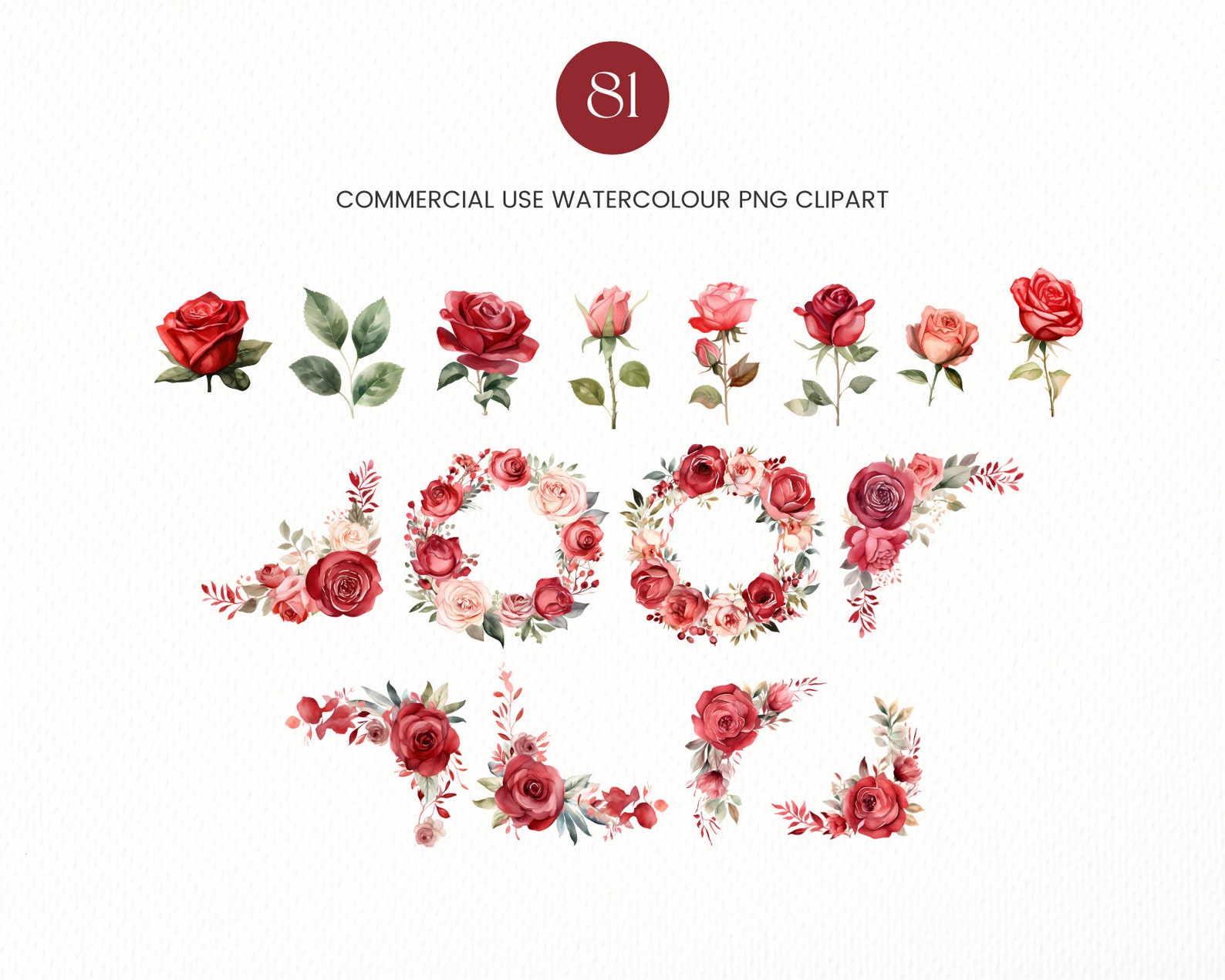 81 Red Roses Clipart, Watercolor Floral Clipart Bouquets, Watercolor ...