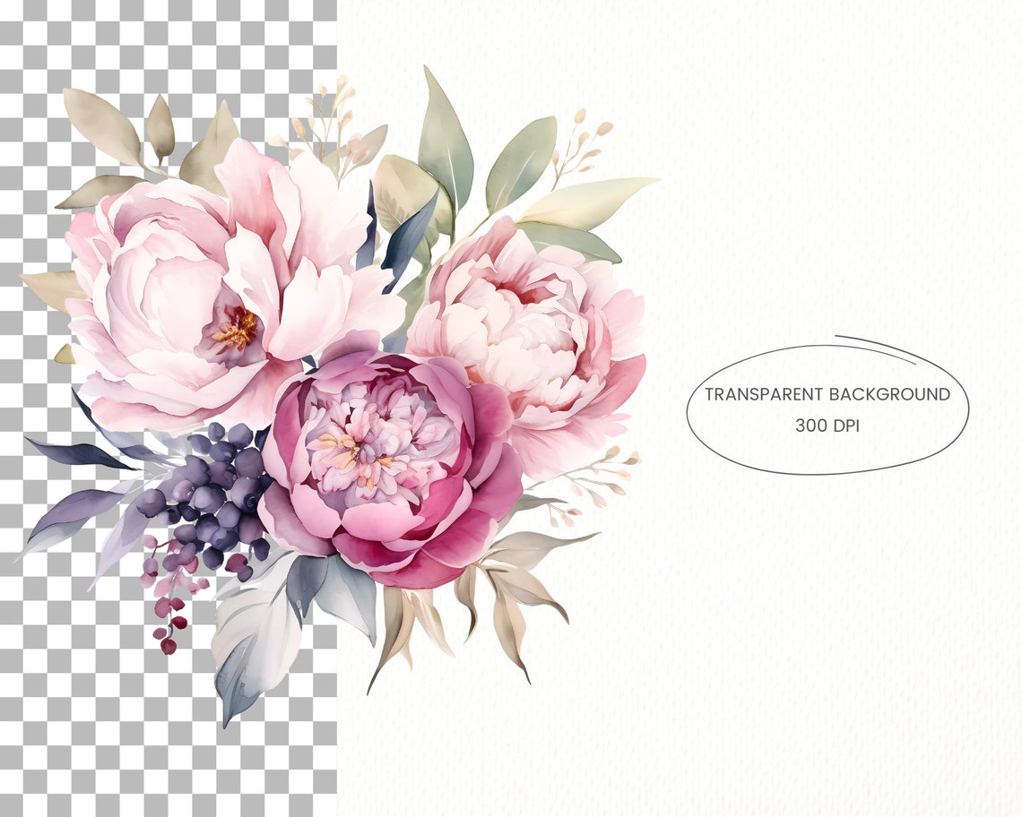 62 Sweet Peony Flowers PNG, Watercolor Floral Clipart Bouquets ...