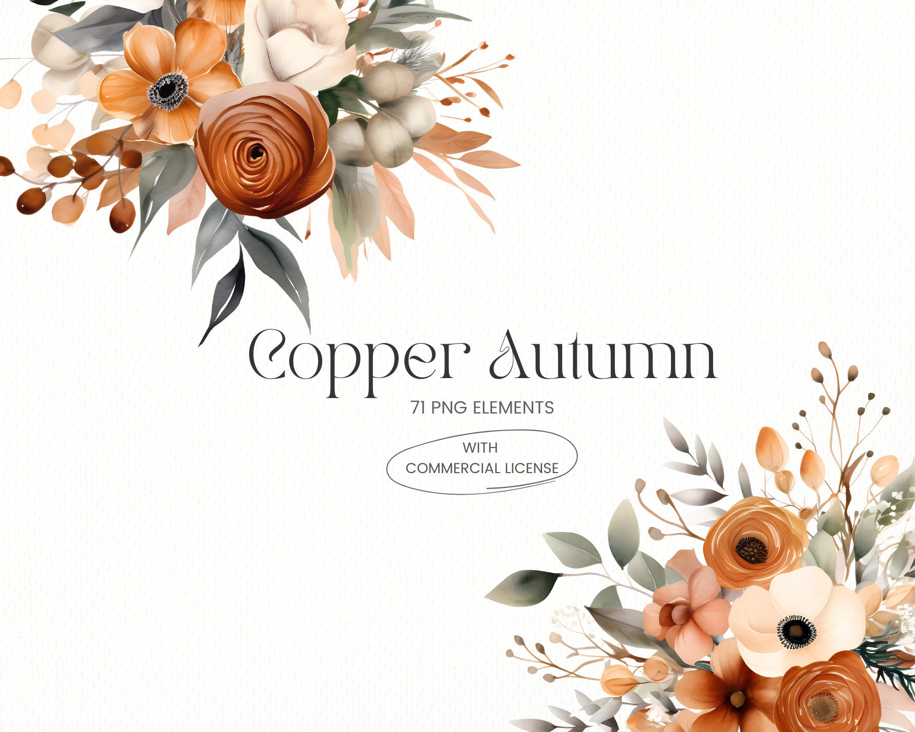 71 Copper Autumn Flowers PNG, Watercolor Floral Clipart Bouquets ...