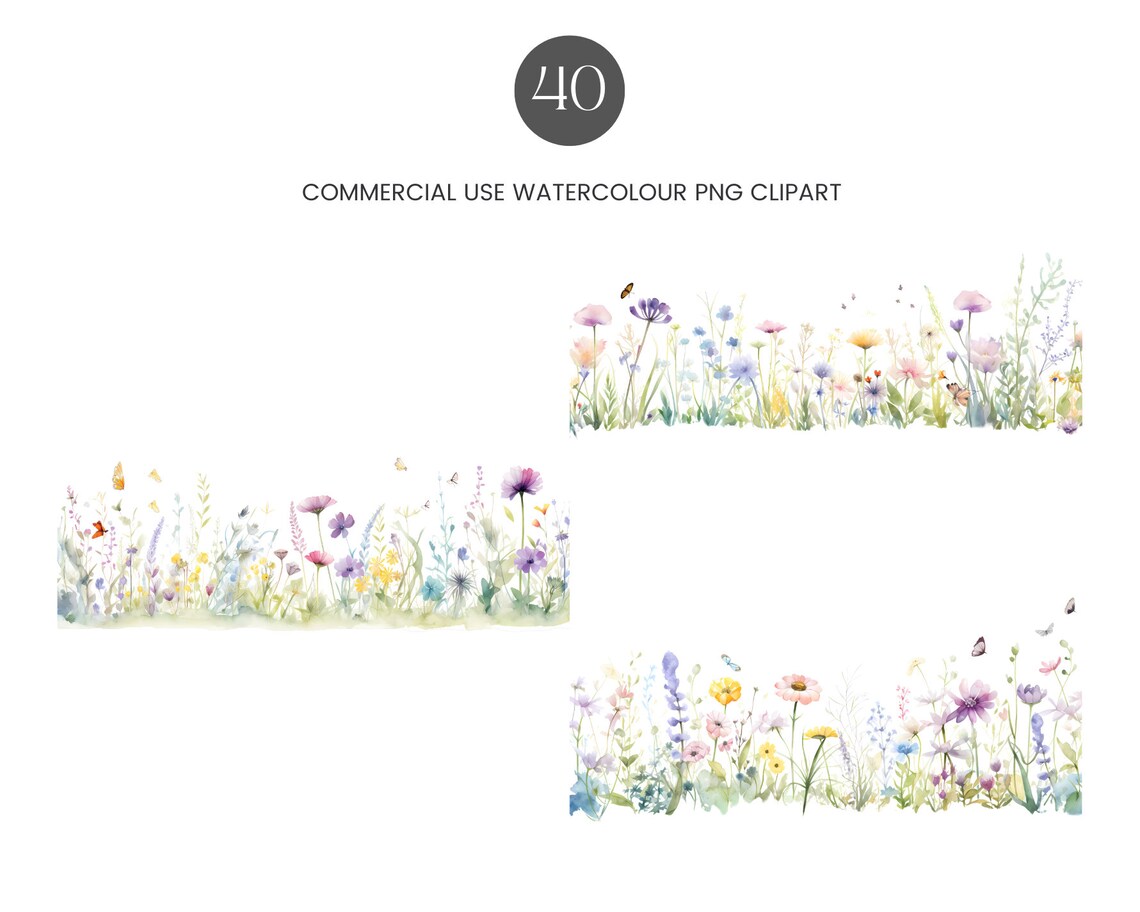 40 Wildflower Bar Clipart, Floral Watercolor Borders, Premade Clipart ...