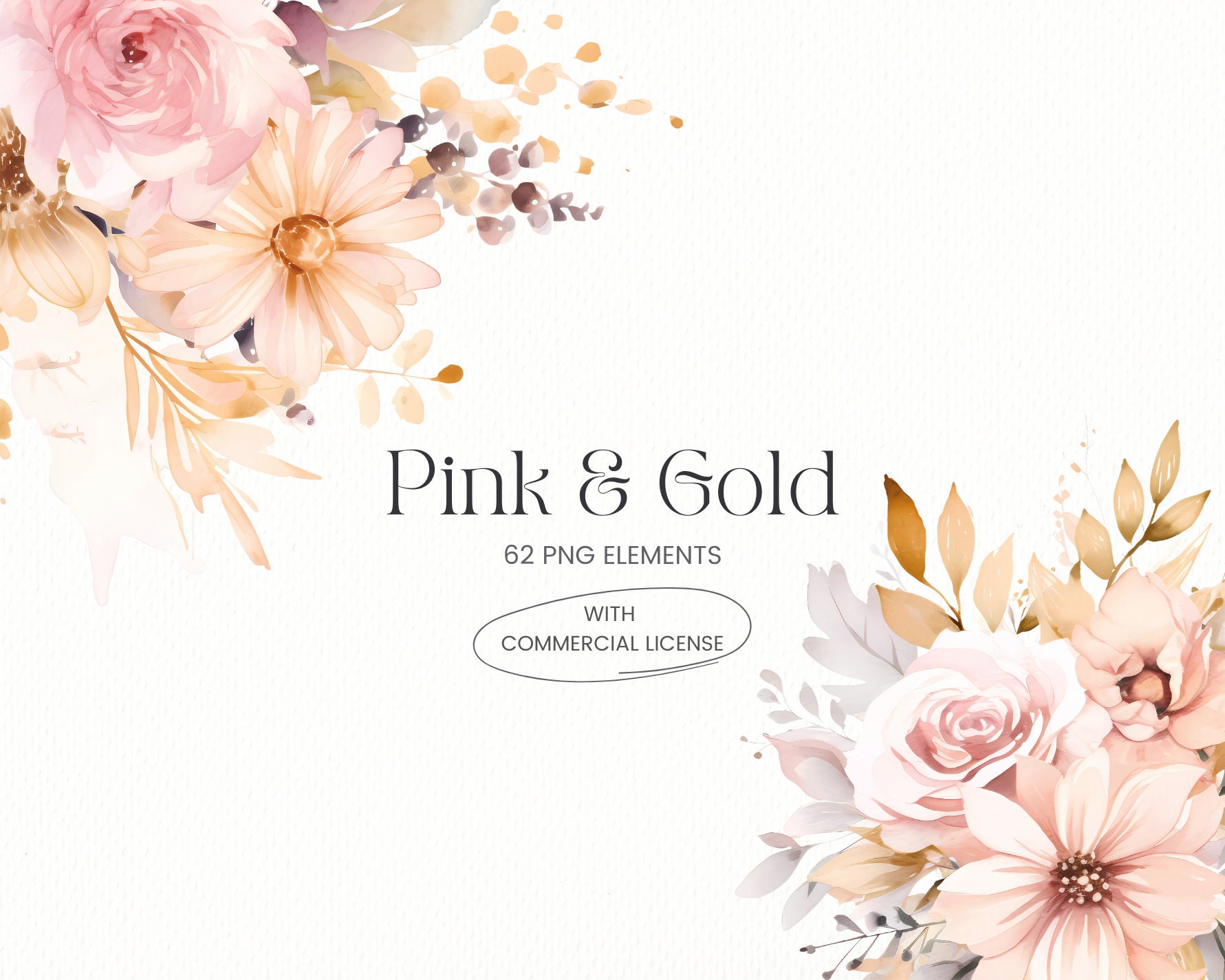62 Pink & Gold Flowers PNG Watercolor Floral Clipart - Etsy