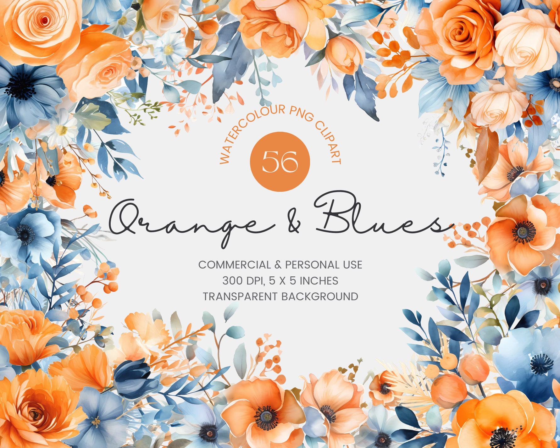 56 Orange and Blue Flowers PNG Watercolor Floral Clipart - Etsy