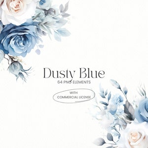 62 Dusty Blue Neutral Flowers PNG, Watercolor Floral Clipart Bouquets ...