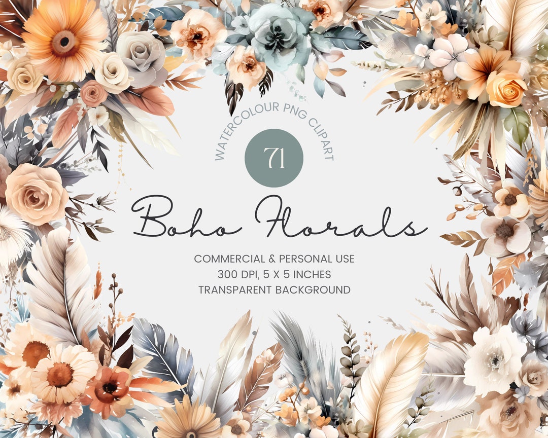 71 Boho Flowers PNG, Watercolor Floral Clipart Bouquets, Elements ...
