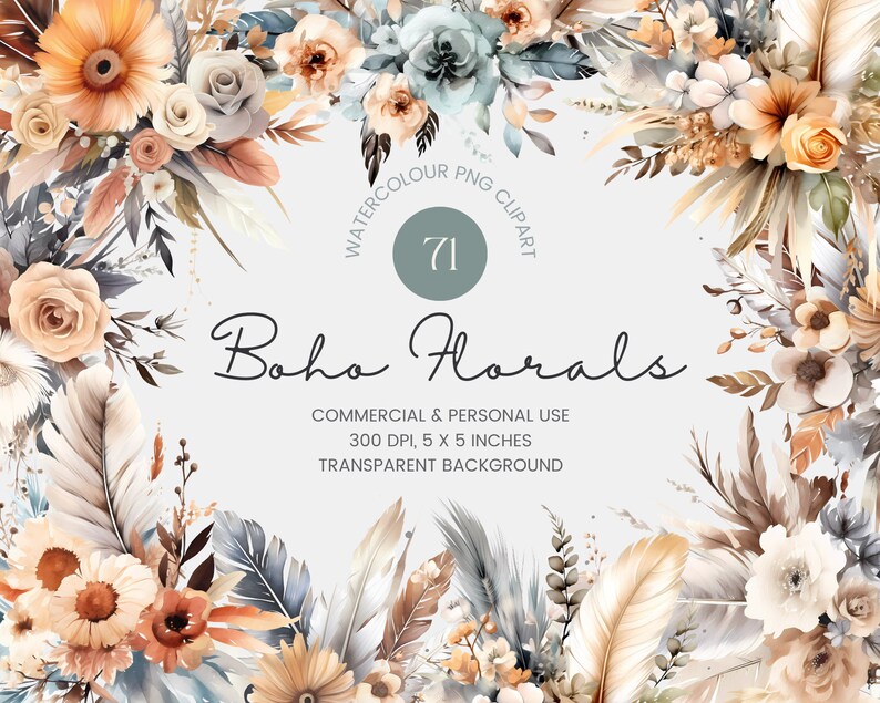 71 Boho Flowers PNG, Watercolor Floral Clipart Bouquets, Elements ...