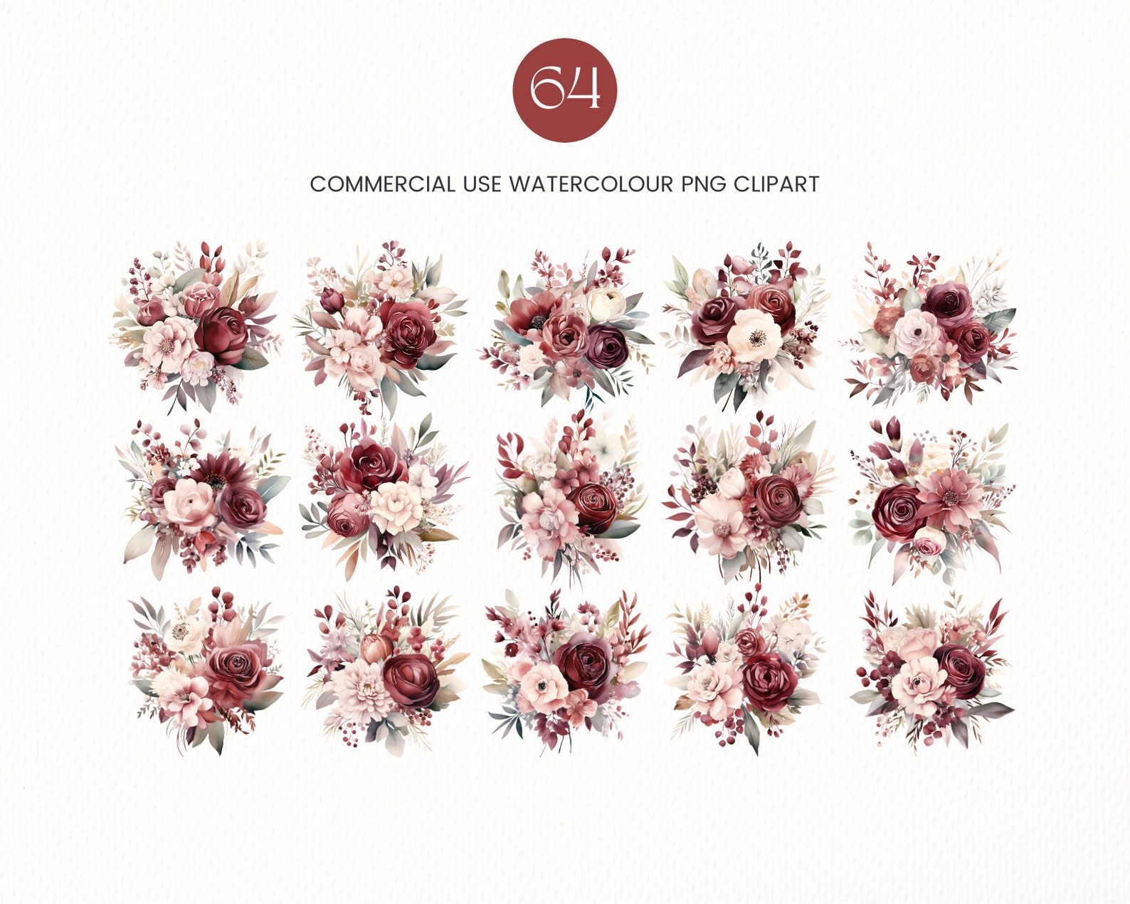 64 Red Neutral Flowers PNG, Watercolor Floral Clipart Bouquets ...
