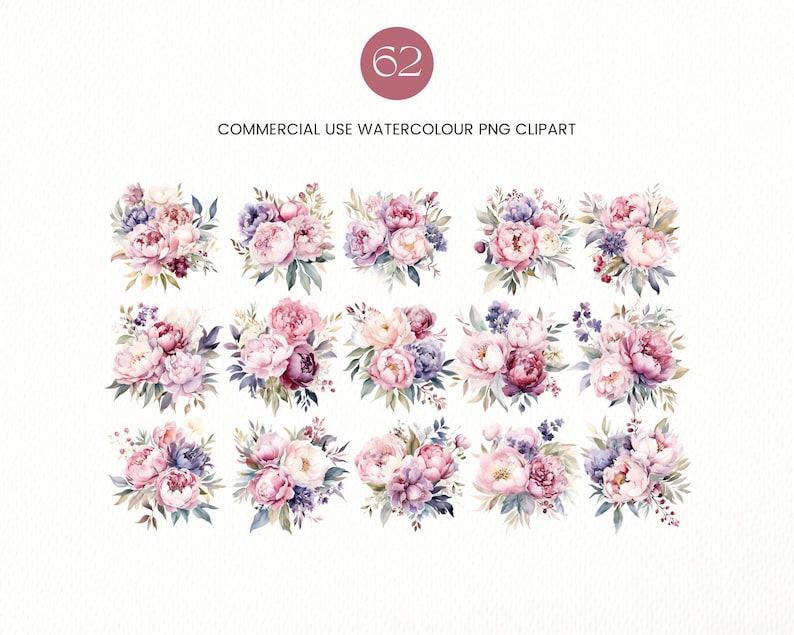 62 Sweet Peony Flowers PNG, Watercolor Floral Clipart Bouquets ...