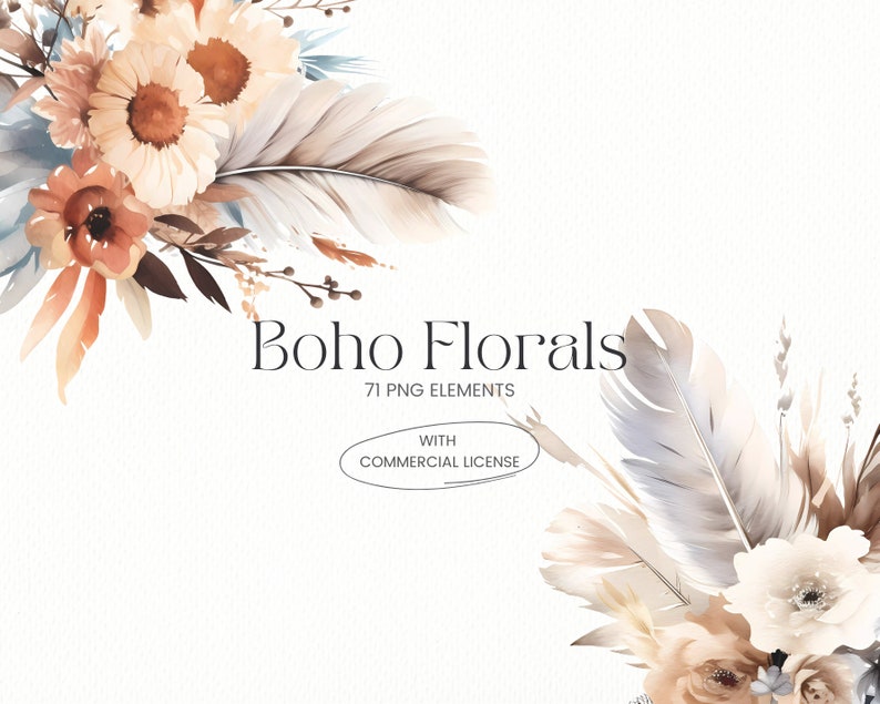 71 Boho Flowers PNG, Watercolor Floral Clipart Bouquets, Elements ...