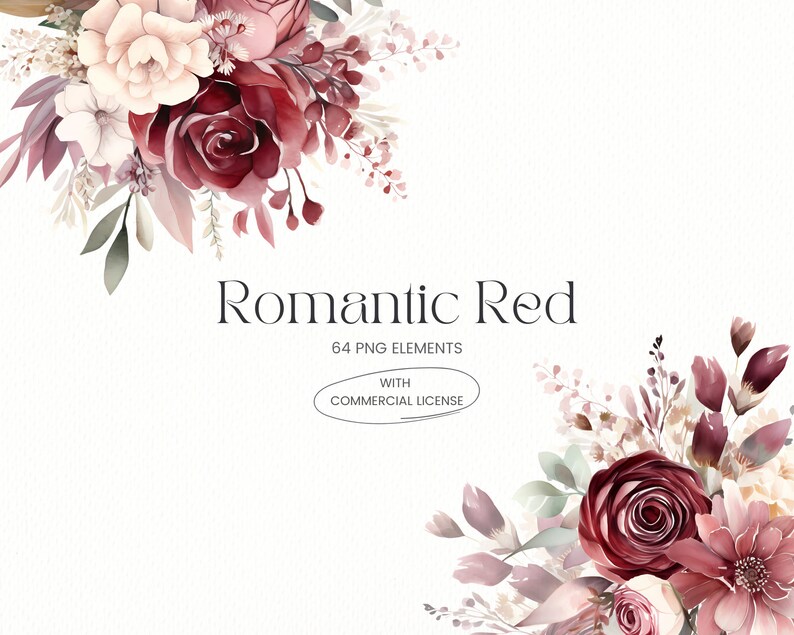 64 Red Neutral Flowers PNG, Watercolor Floral Clipart Bouquets ...