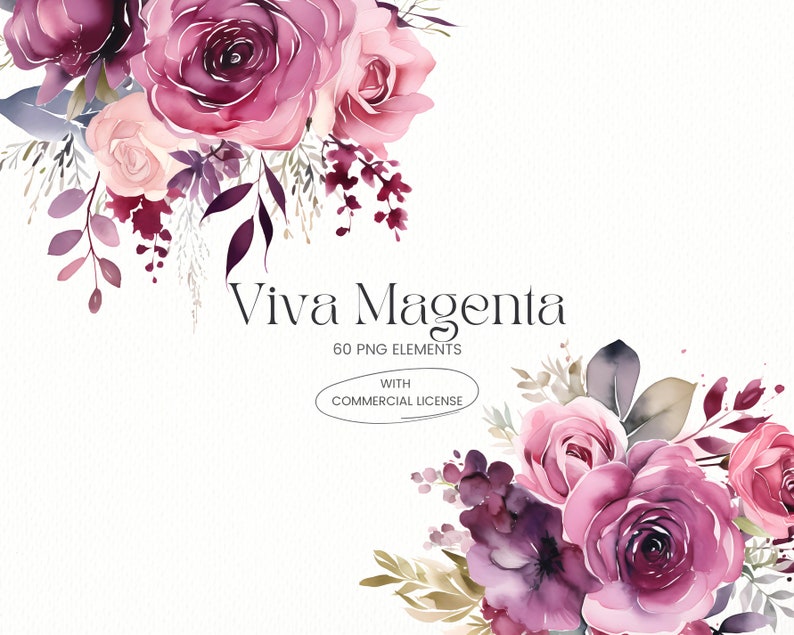 60 Magenta Purple Flowers PNG, Watercolor Floral Clipart Bouquets ...