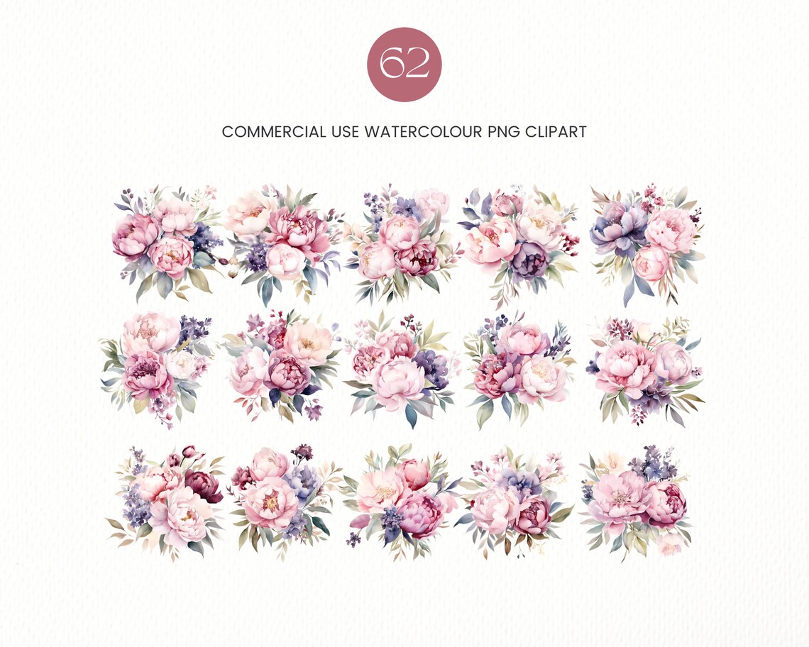 62 Sweet Peony Flowers PNG, Watercolor Floral Clipart Bouquets ...