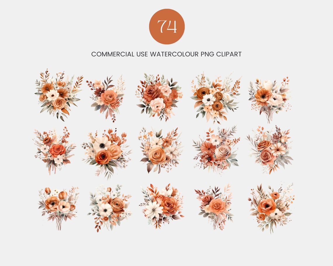 74 Terracotta Florals PNG, Watercolor Floral Clipart Bouquets, Boho ...