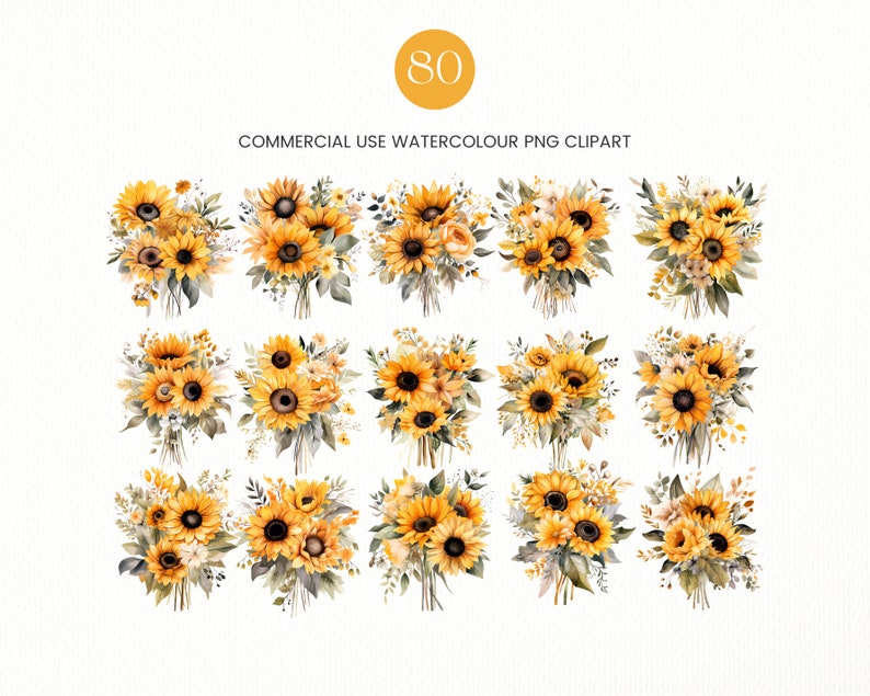 80 Sunflowers PNG, Watercolor Floral Clipart Bouquets, Elements ...