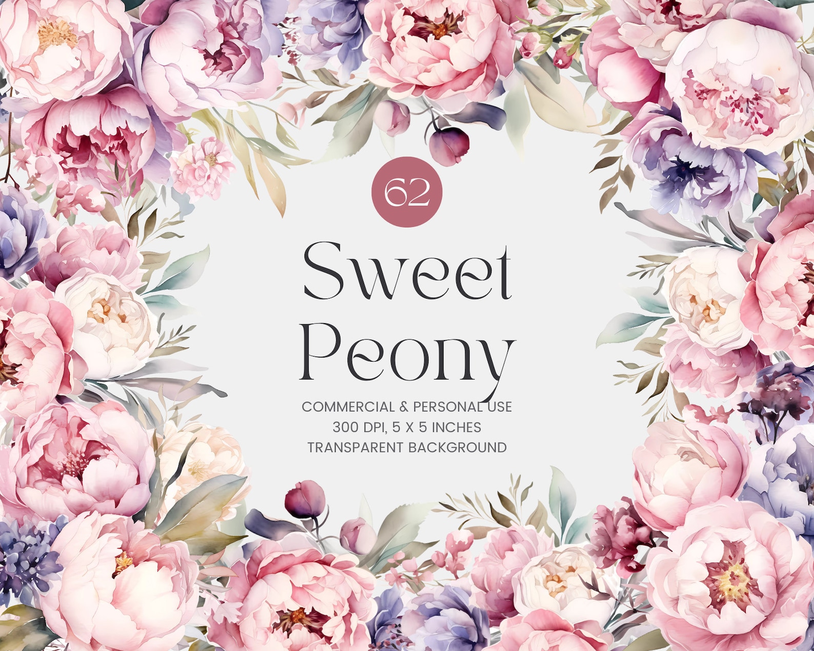 62 Sweet Peony Flowers PNG, Watercolor Floral Clipart Bouquets ...