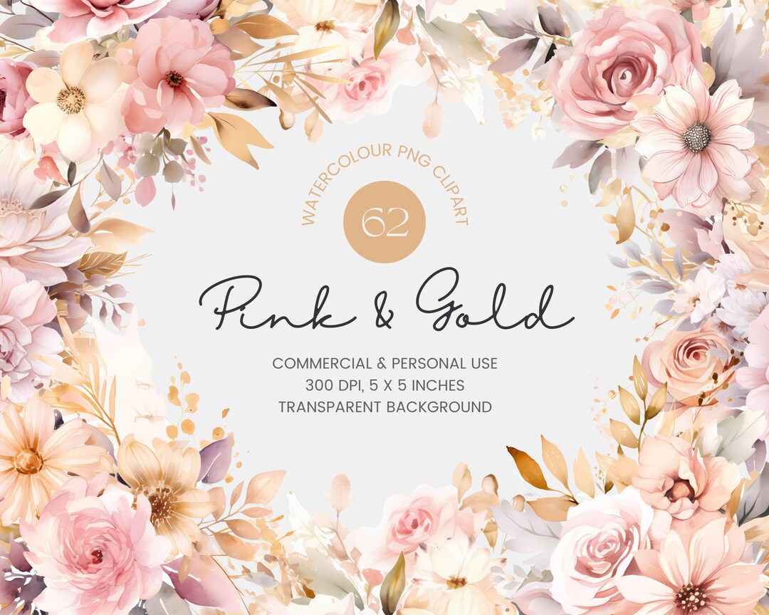 62 Pink & Gold Flowers PNG, Watercolor Floral Clipart Bouquets ...