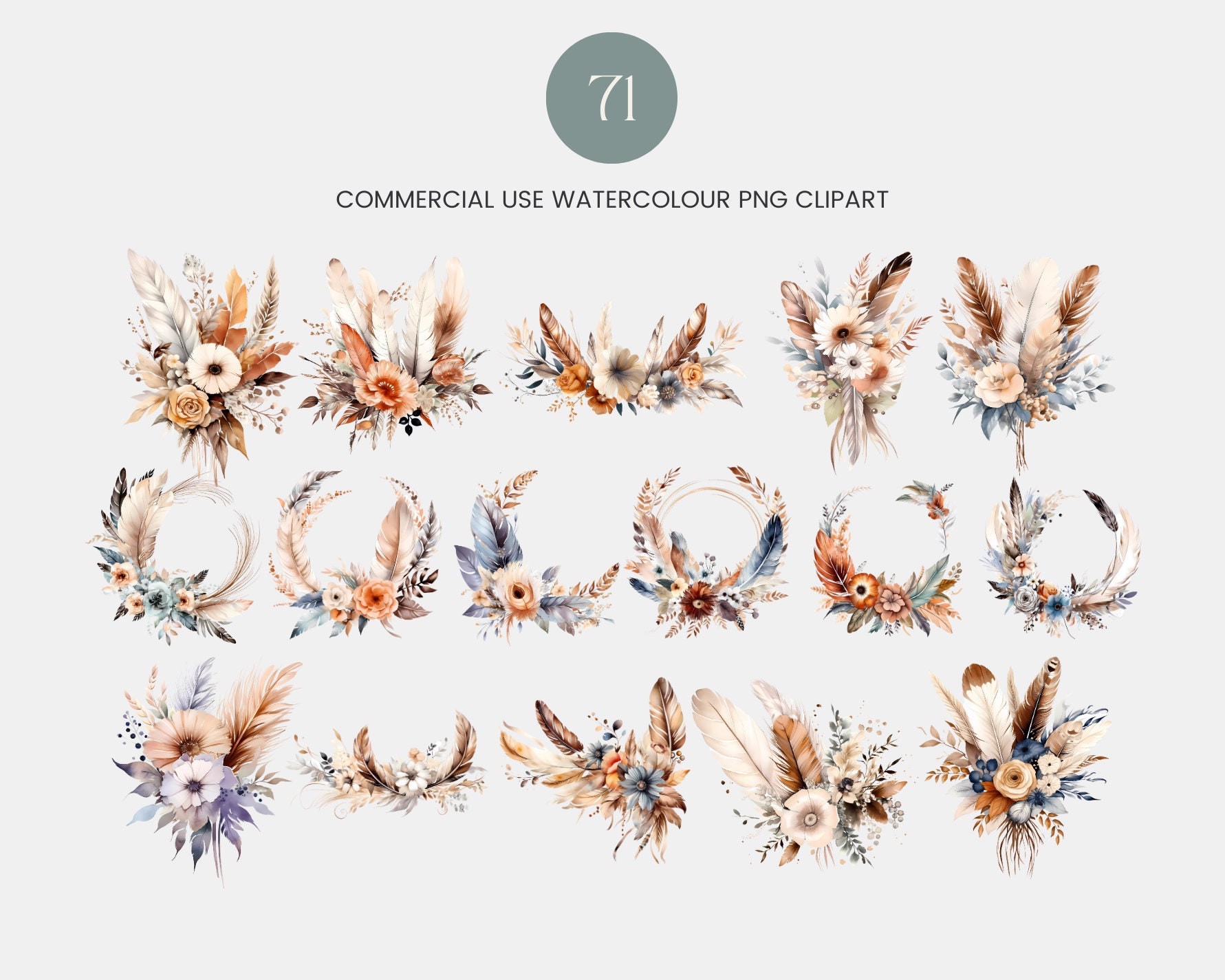 71 Boho Flowers PNG, Watercolor Floral Clipart Bouquets, Elements ...