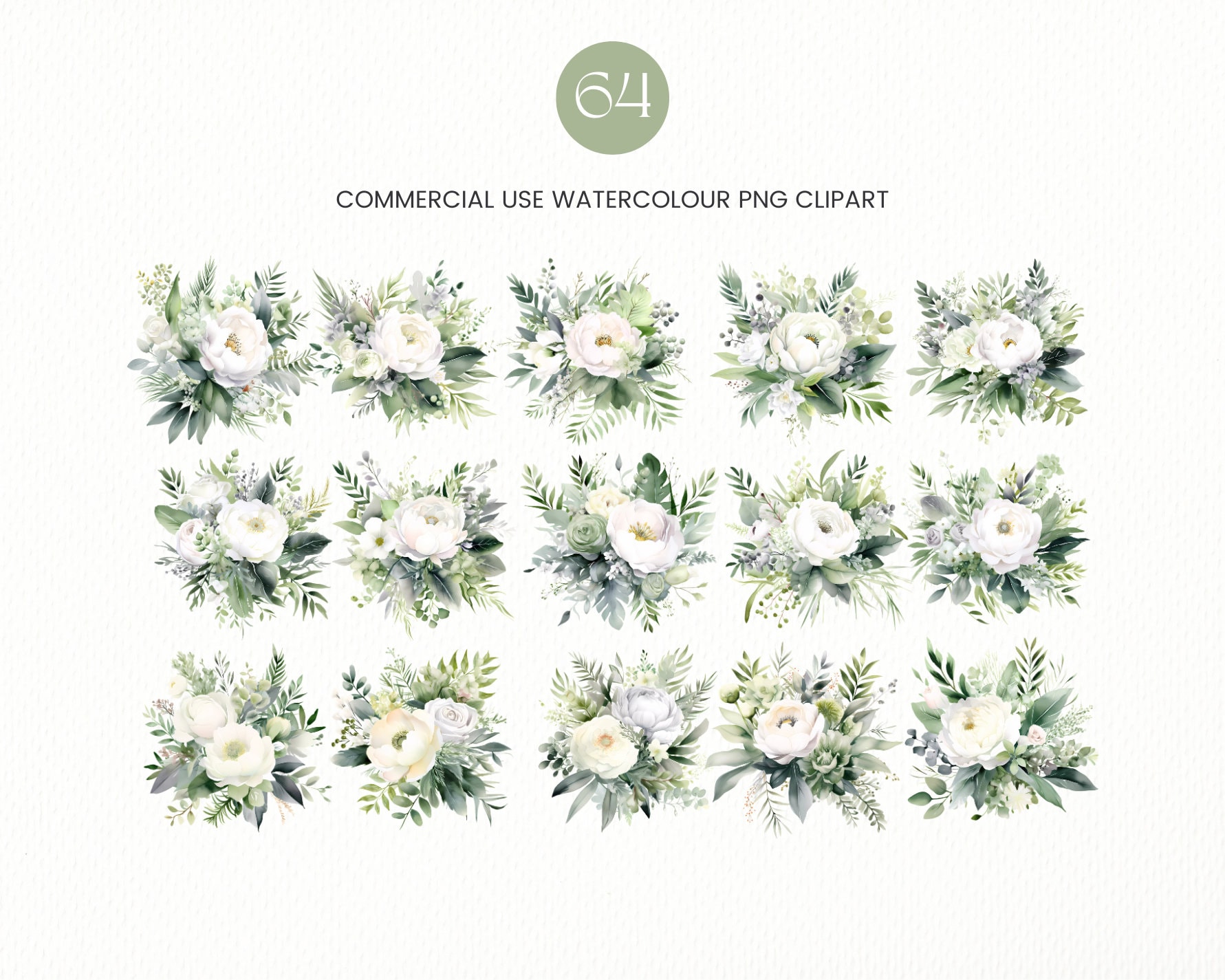 64 Sage Green Flowers PNG, Watercolor Floral Clipart Bouquets, Elements ...
