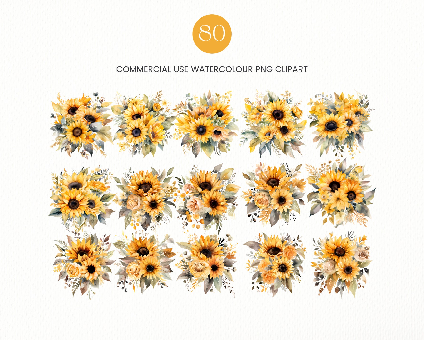 80 Sunflowers PNG, Watercolor Floral Clipart Bouquets, Elements ...