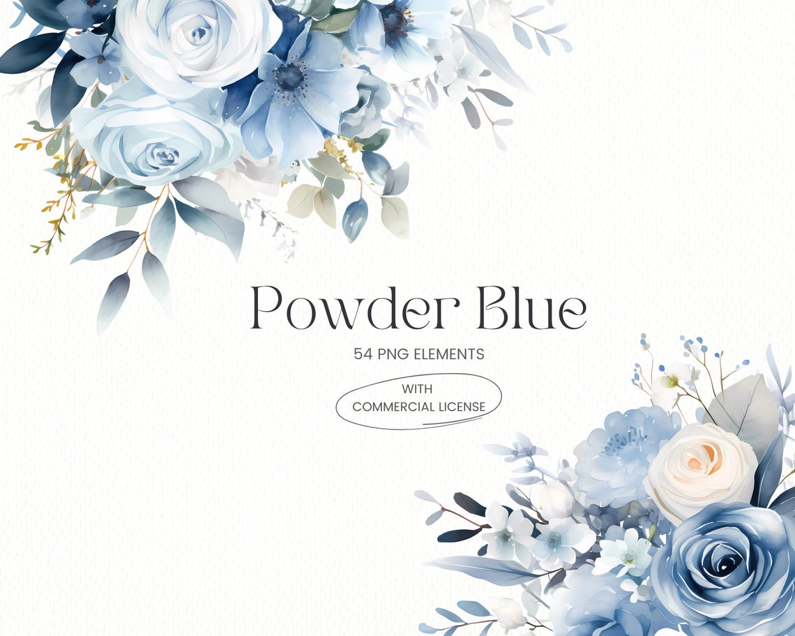 54 Powder Blue Flowers PNG, Watercolor Floral Clipart Bouquets ...