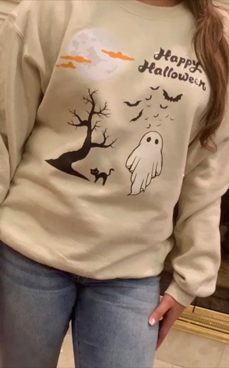 Happy Halloween Pullover Sweatshirt, Fun Ghost and Black Cat Sweatshirt ...