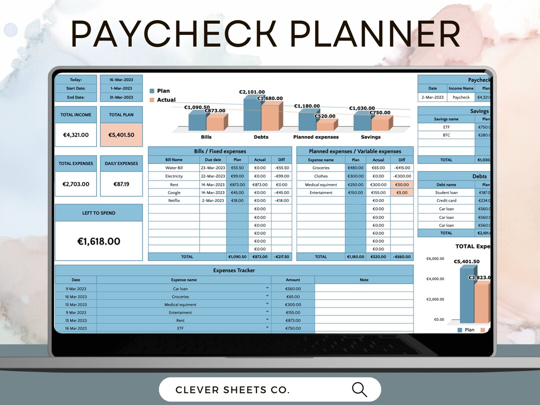 Paycheck Planner, Google Sheets Budget Template, Paycheck Tracker ...