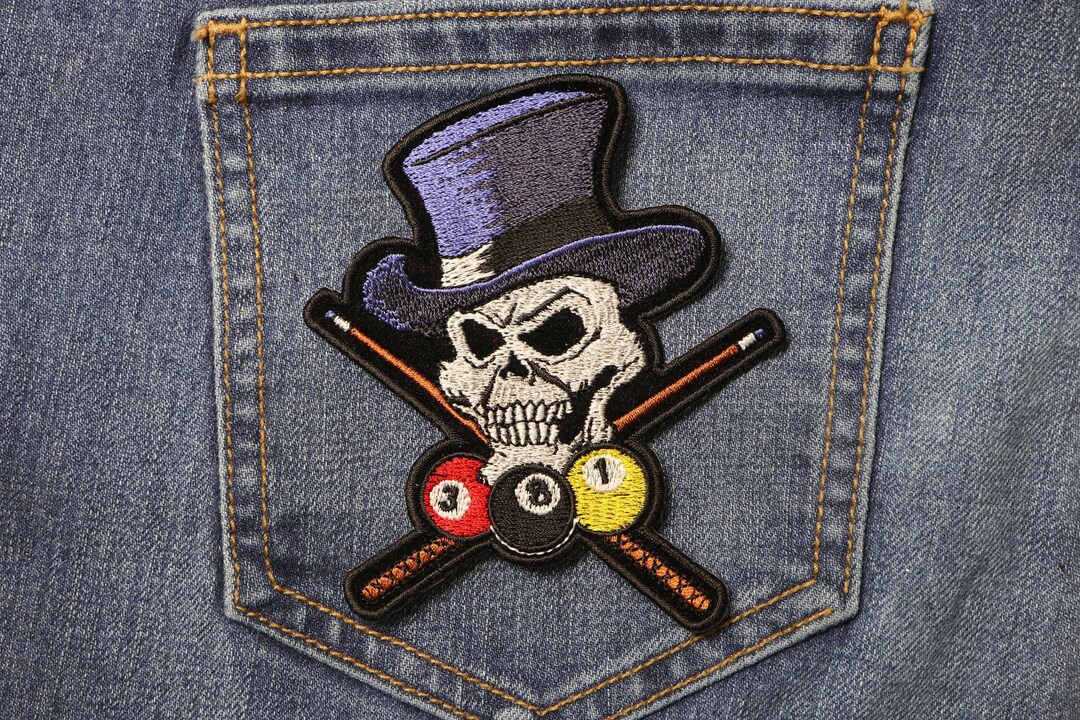 Pool Skull Patch Top Hat Skull With Pool Cues Red Black and - Etsy