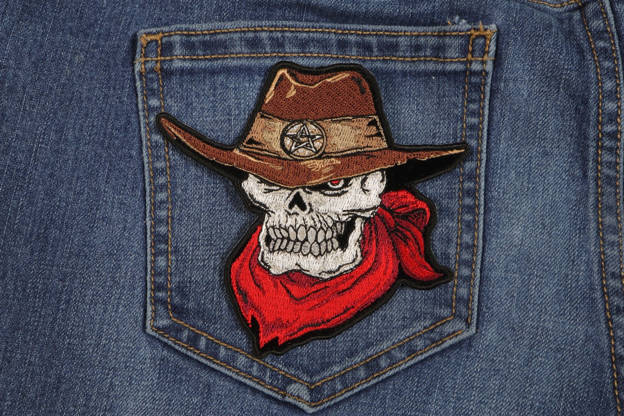Skull Patch With Brown Cowboy Hat and Red Scarf. Sew or Iron on the ...