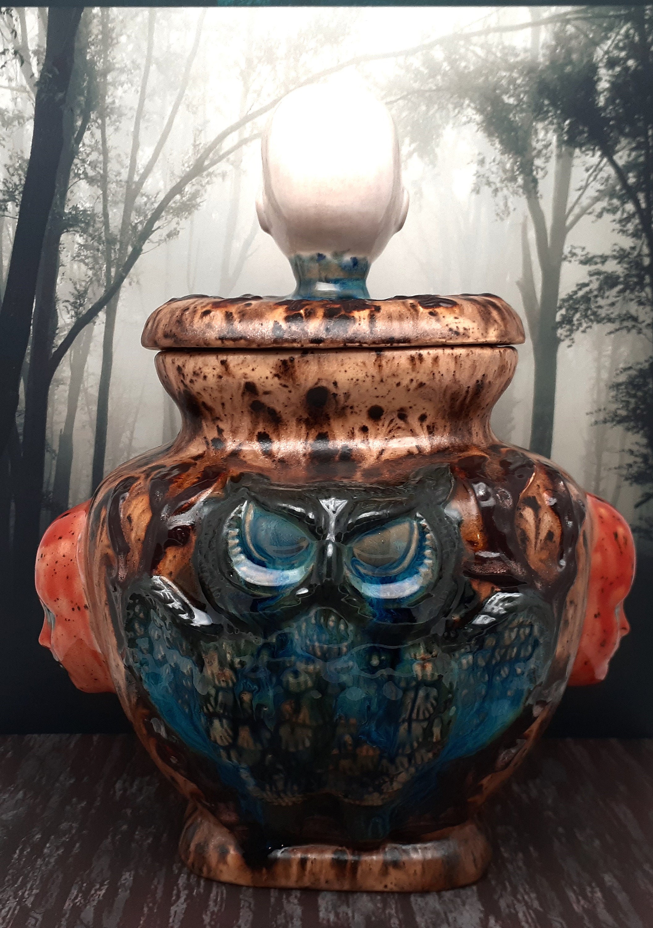 Handmade Ceramic Jar Container Urn Canister Owl Doll Faces Halloween ...
