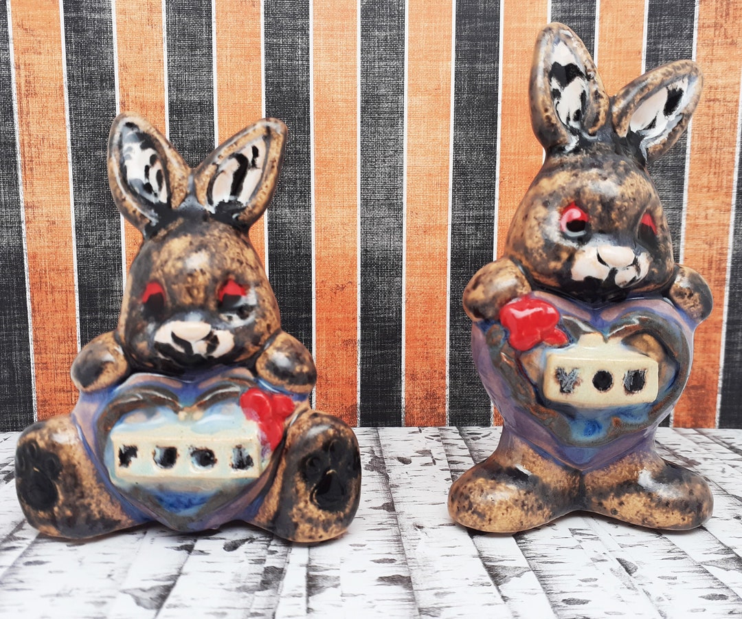 100% Handmade Ceramic Bunny Figurines Pair Horror Halloween Naughty ...