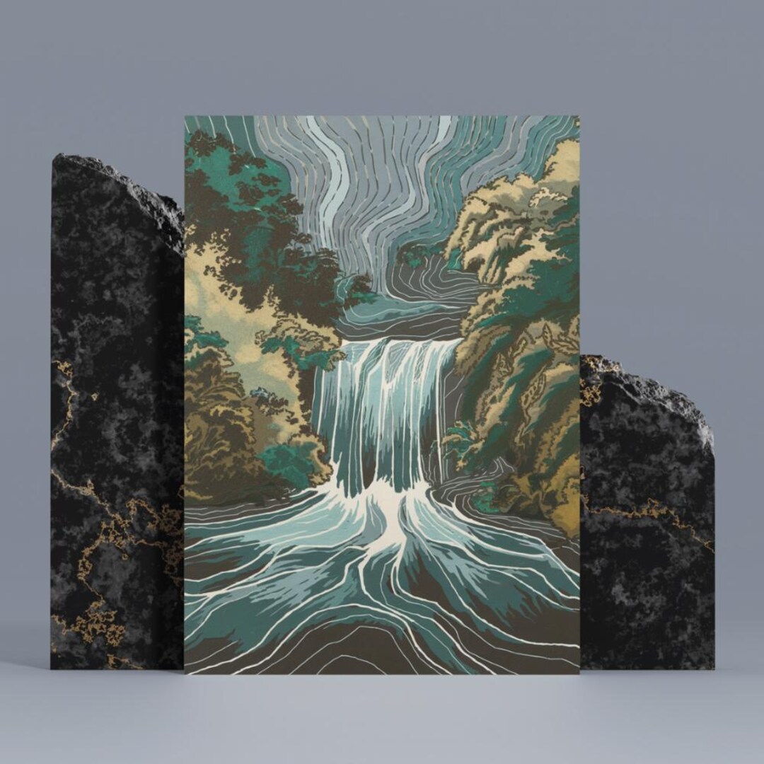 Hokusai Ukiyo-e Japanese Waterfall Wall Art Portrait Poster Print Blue ...