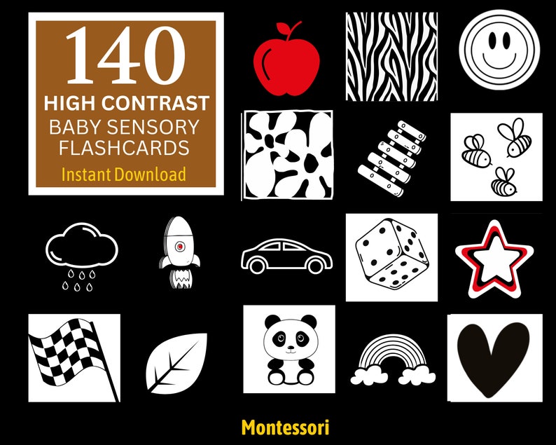 HIGH CONTRAST Baby Sensory Cards Bundle Montessori 140 Flash Cards ...