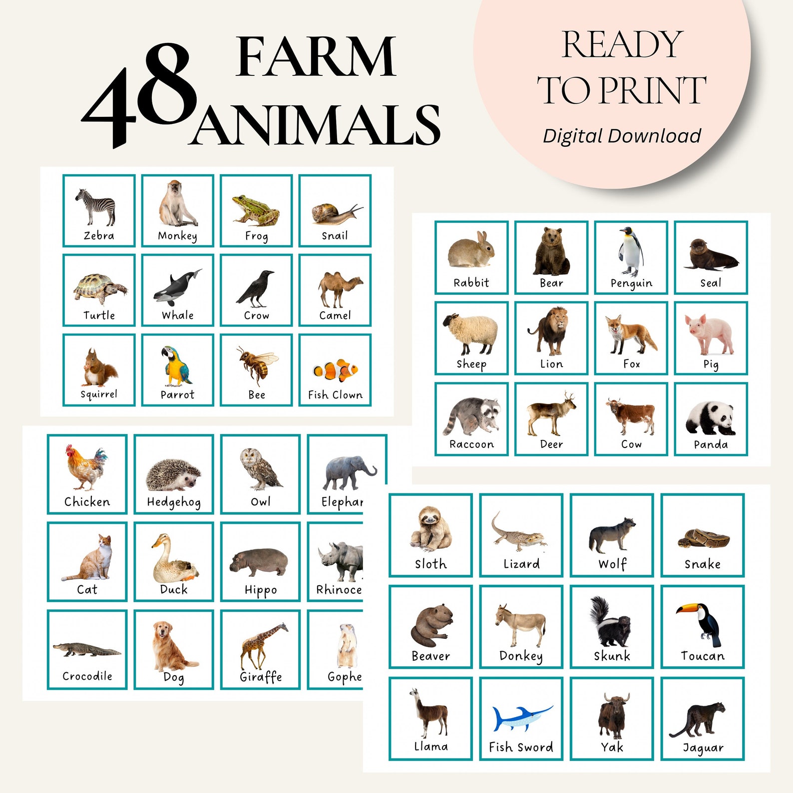 Farm Animals Flash Cards: Montessori Educational Printable (PDF) - Etsy