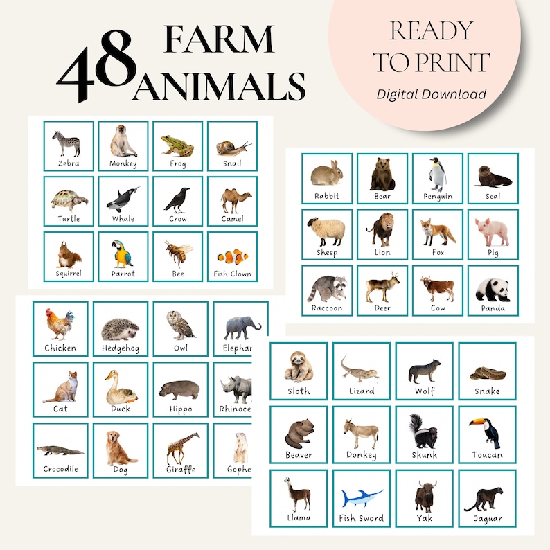 48 Farm Animals Cards, Montessori Flash Cards, Educational Printable ...