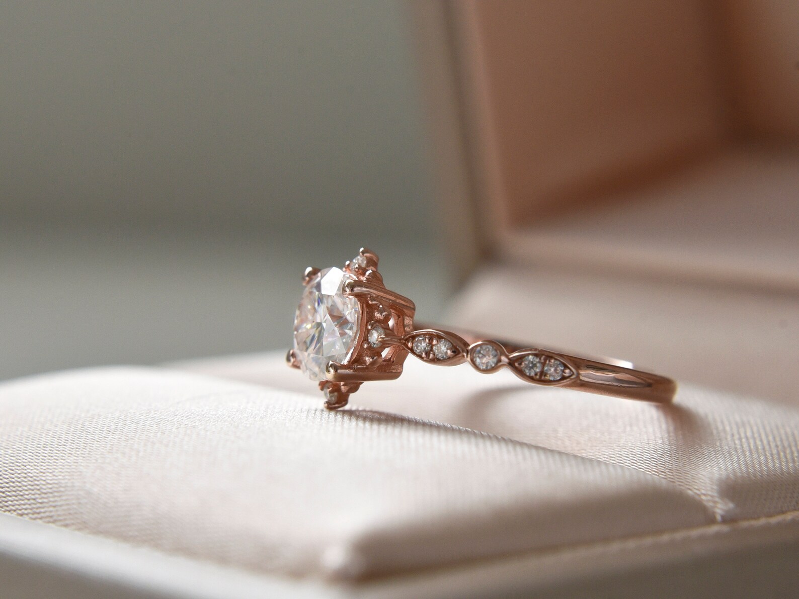 Vintage Style 1ct Lab Grown Diamond Ring/ 14K Rose Gold Moissanite ...