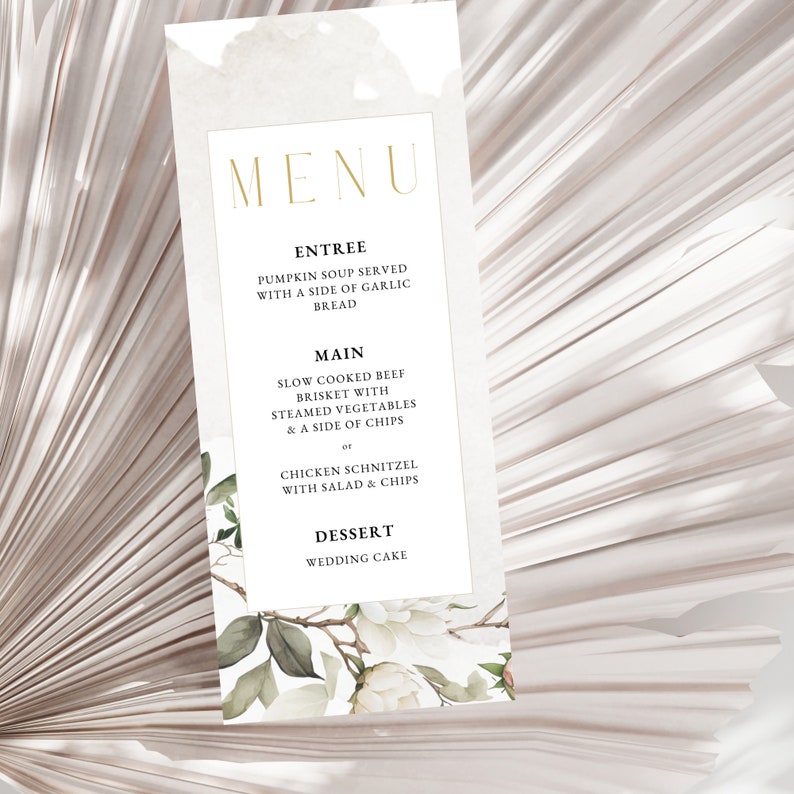 Magnolia Flower Simple Menu Digital Template, White Floral Wedding ...
