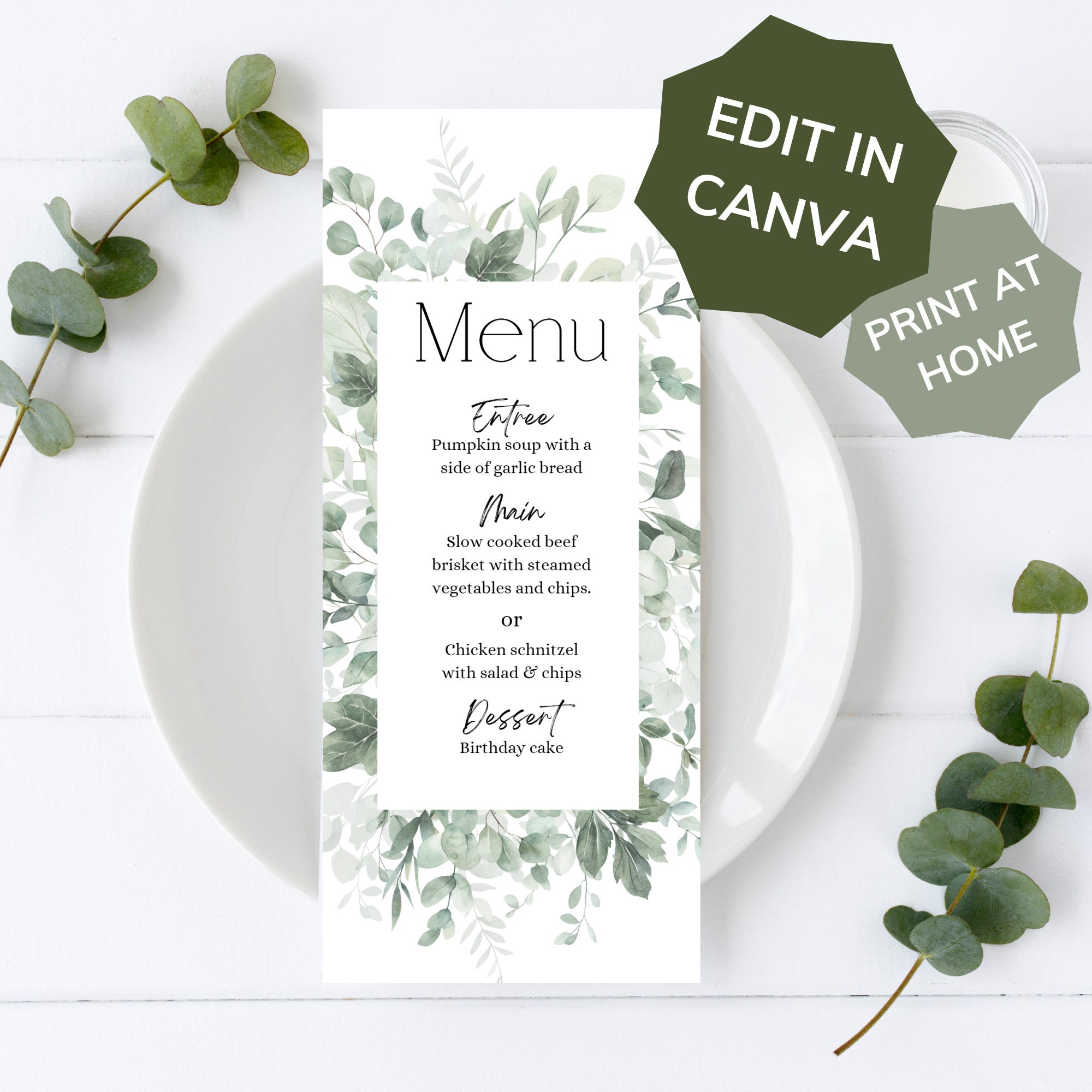 Soft Green Foliage Menu 3.75x9" INSTANT DOWNLOAD Digital Template ...