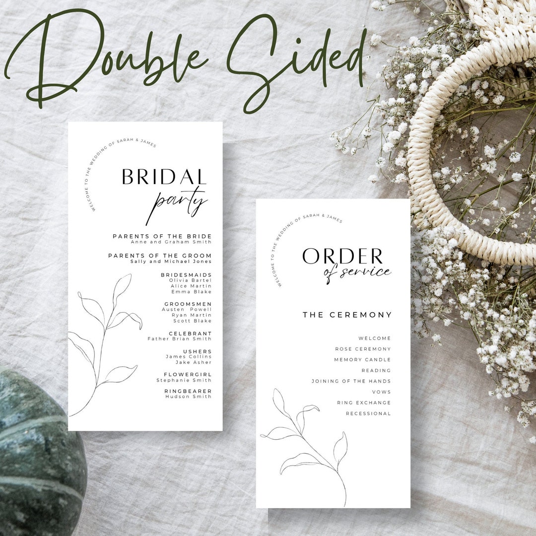 Minimalist Double Sided Order of Service 4x8" Digital Template INSTANT ...